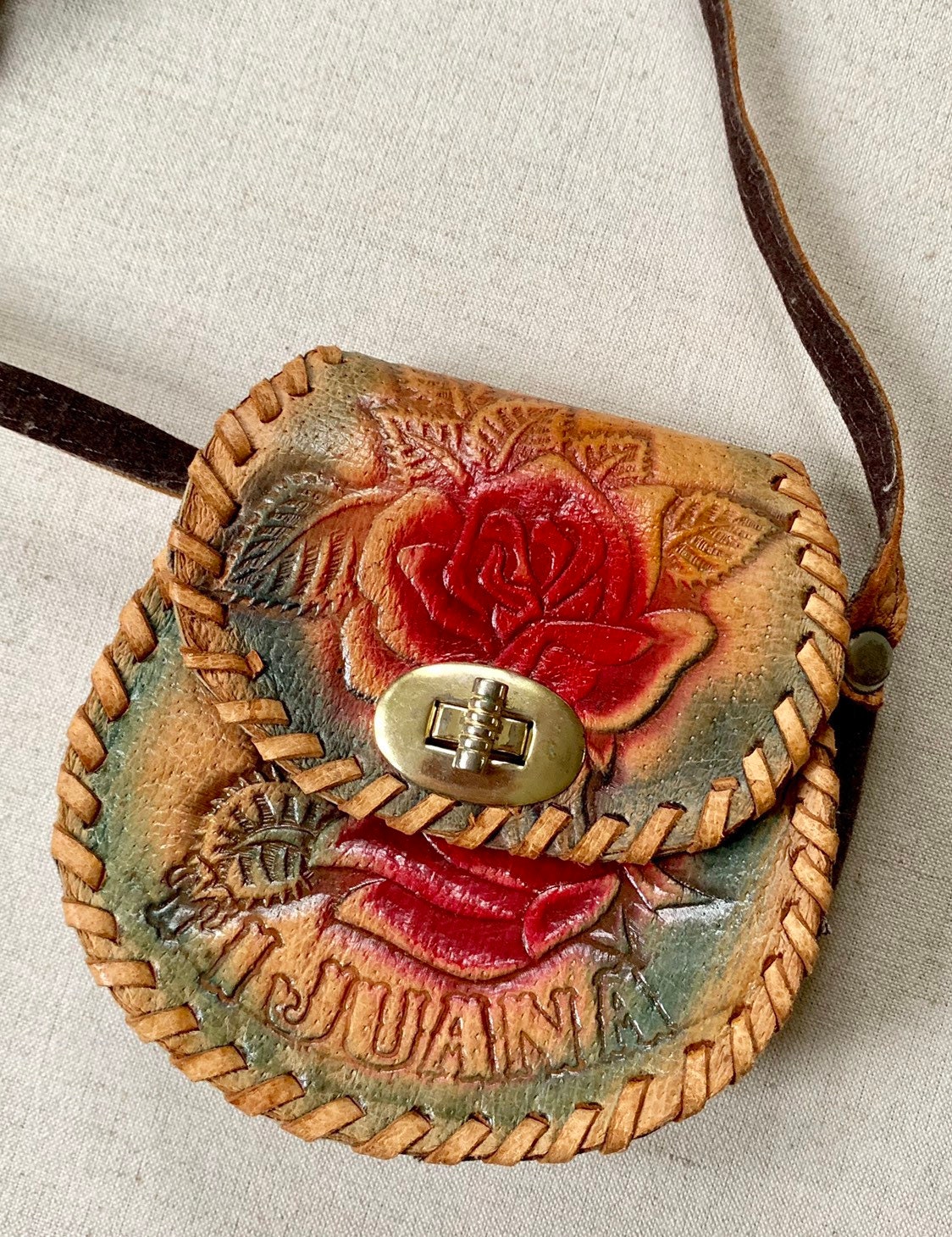 Mexican Tooled Leather Purse Handbag Vintage 70s Painted Floral Rose ...