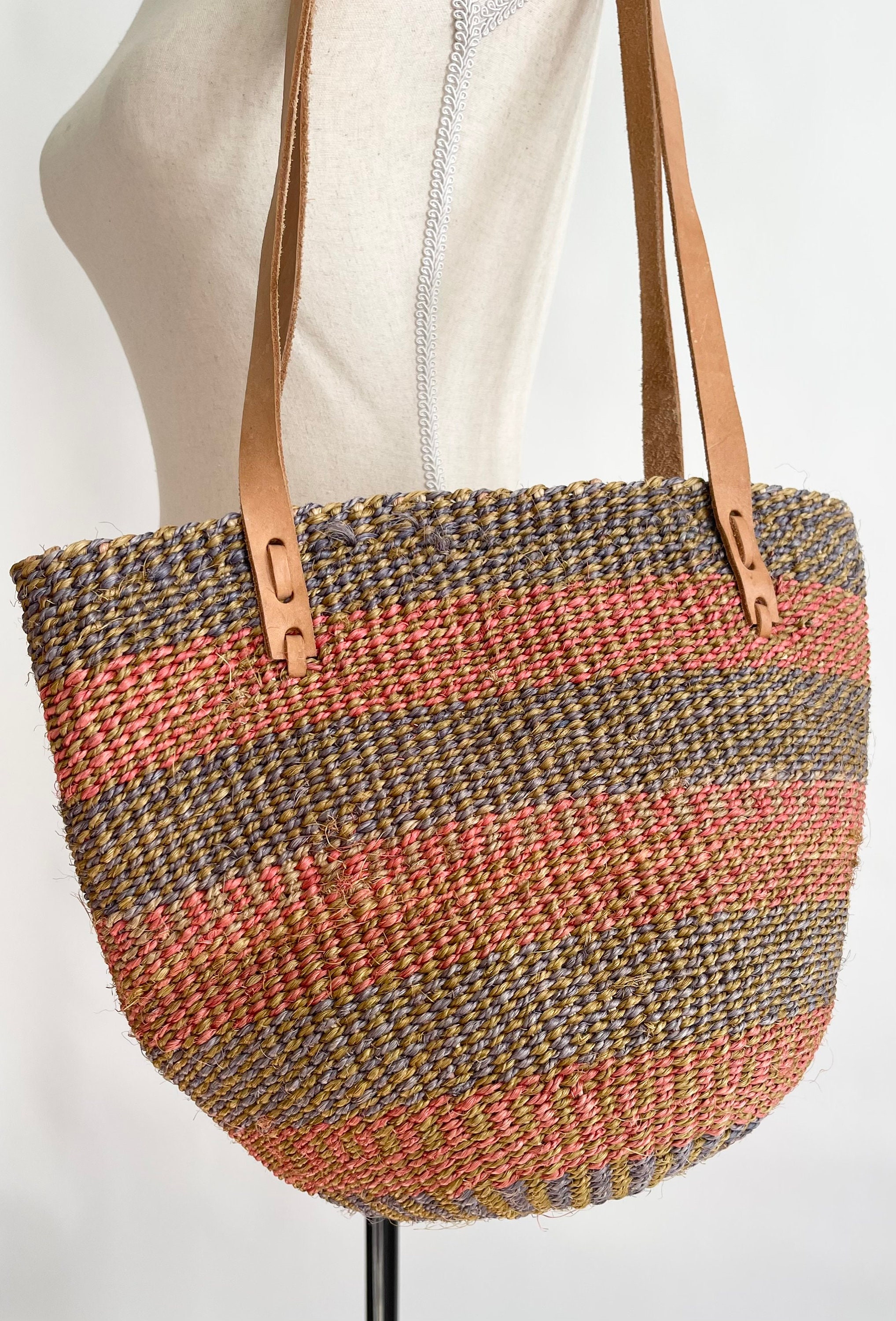 African Sisal Market Bag Purse Made in Kenya Leather Straps Faded ...