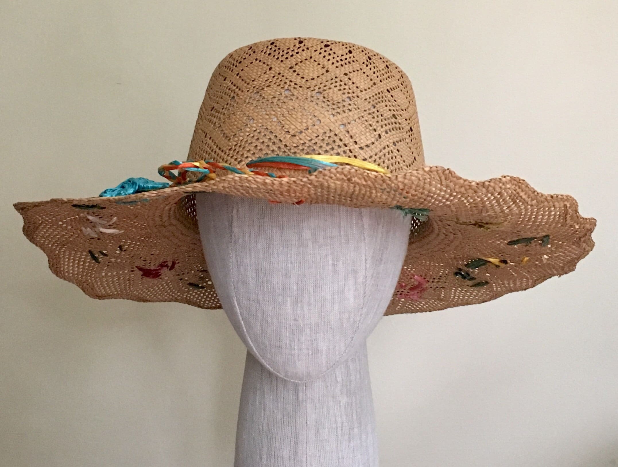 70s Mexican Straw Hat Vintage Sun Boho Beach Wide Brim Embroidered ...