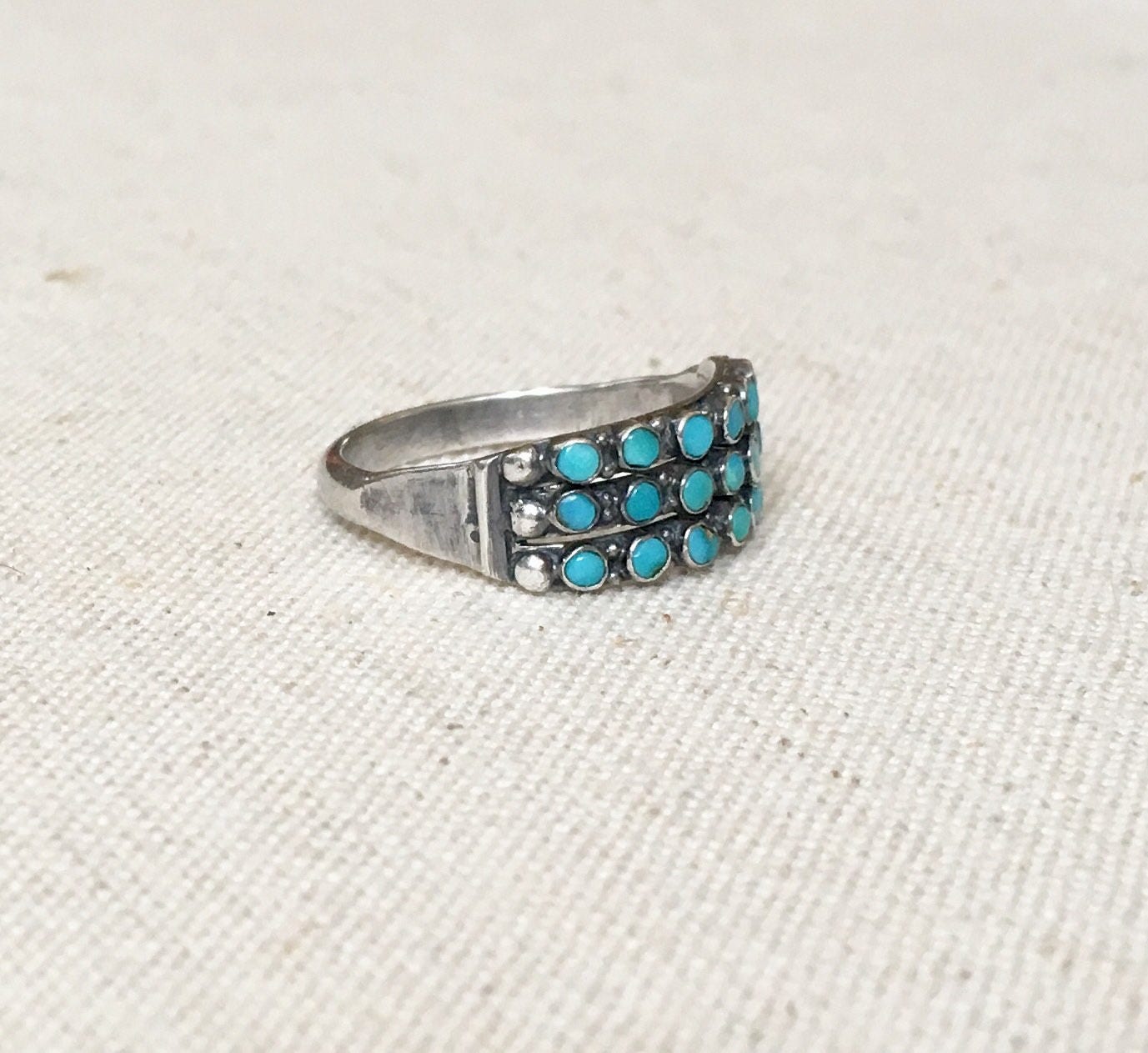 Delicate Zuni Turquoise Ring Band Sterling Silver Petit Point Triple ...