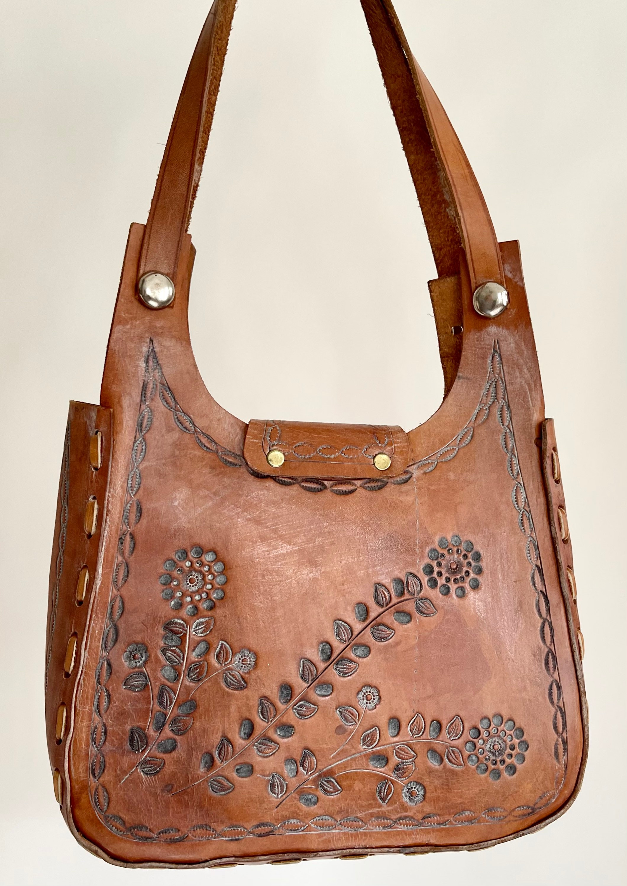 Floral Tooled Leather Bag Purse Handcrafted Hand Tooled Vintage Tan ...