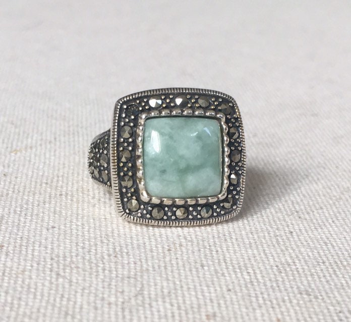 Sterling Silver Jade Ring Vintage Big Statement Rings Green Stone Tiny ...