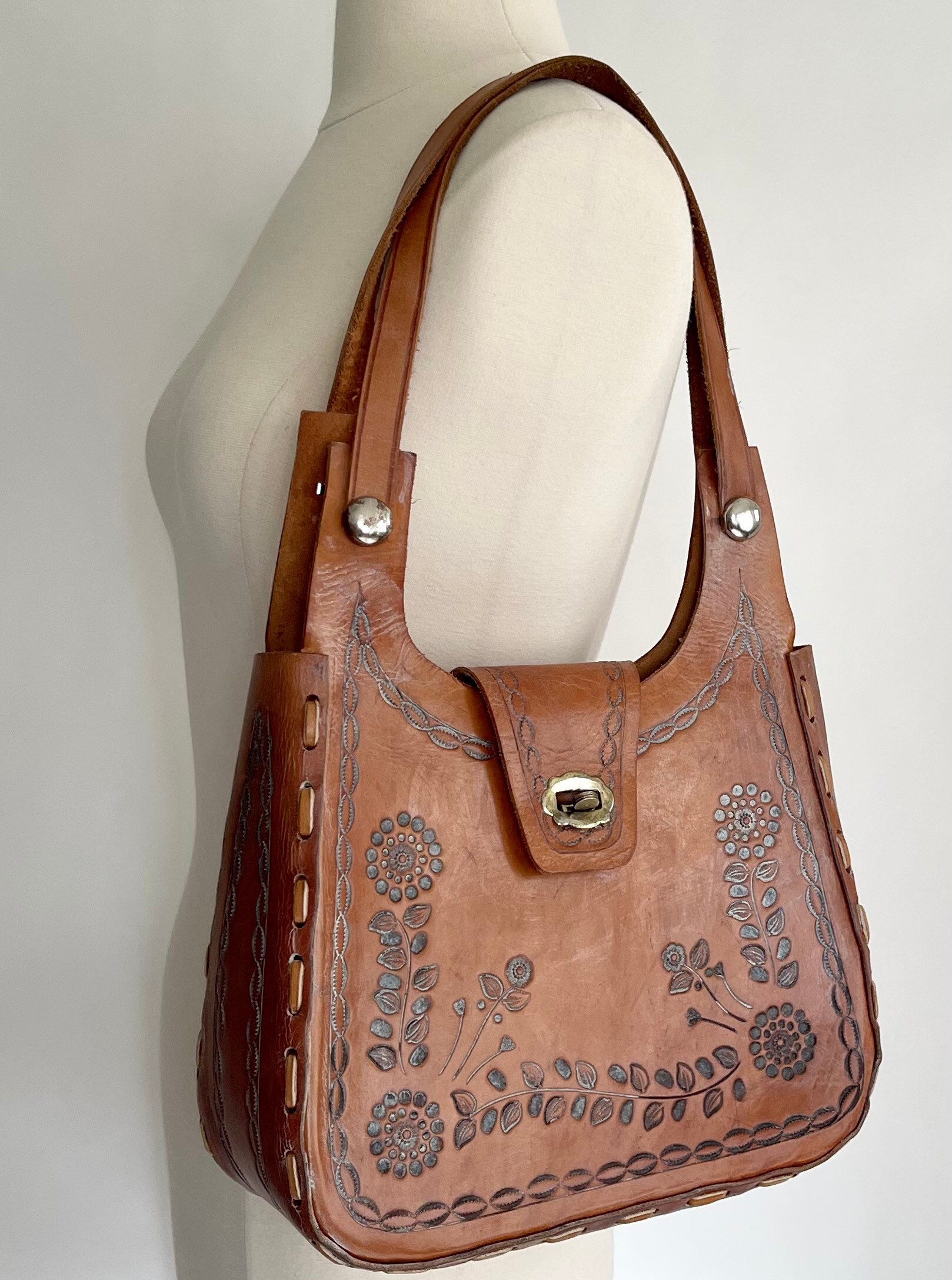 Floral Tooled Leather Bag Purse Handcrafted Hand Tooled Vintage Tan ...