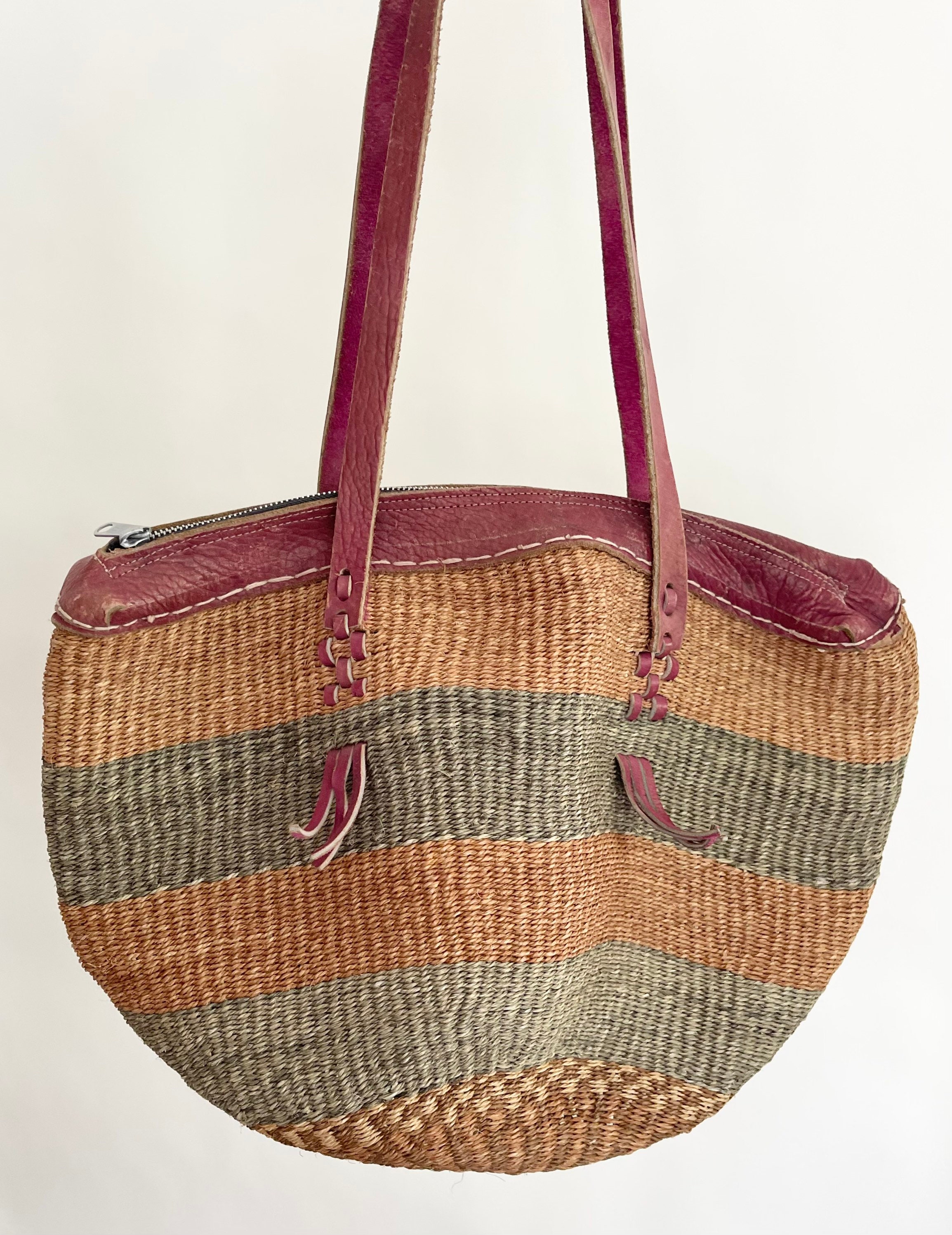 Large Sisal Market Bag Worn Dark Pink Leather Trim and Straps Vintage ...