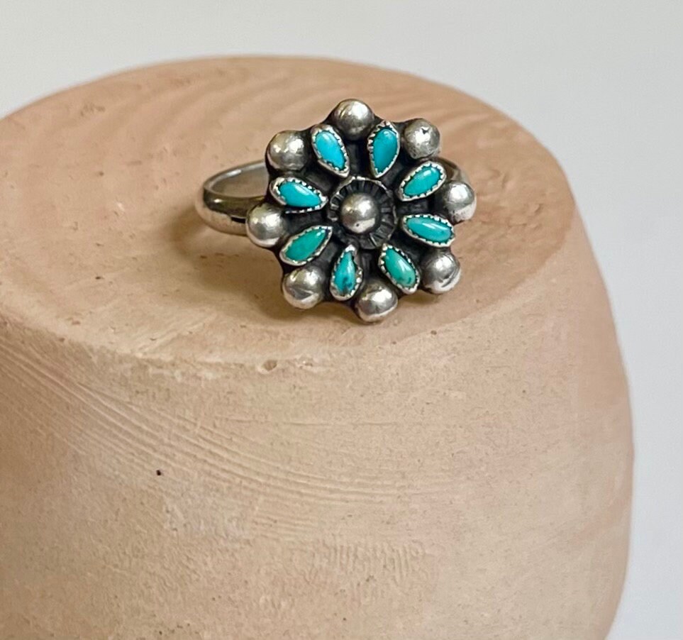 Zuni Turquoise Flower Ring Native American Sterling Silver Delicate ...