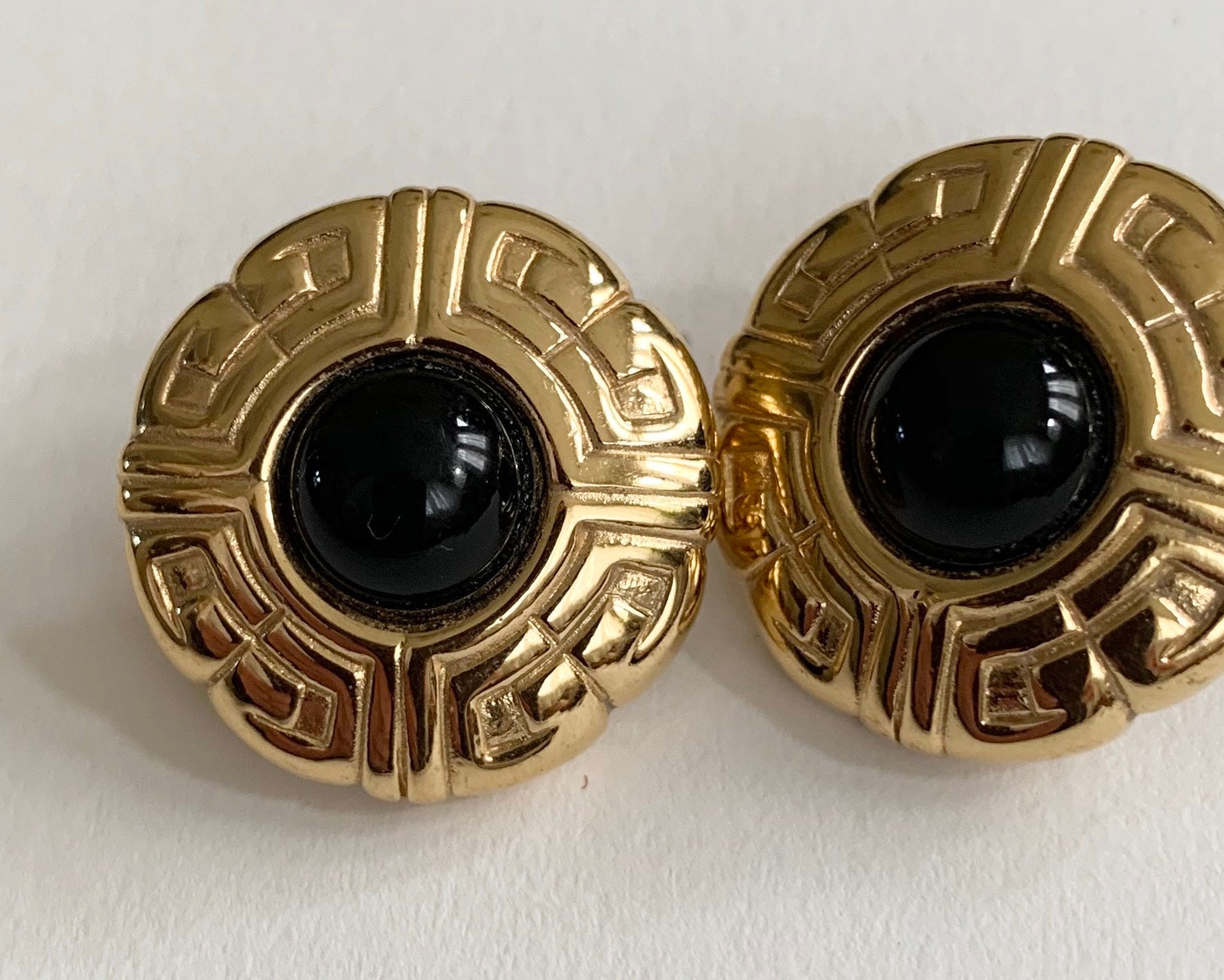 Signed Givenchy Gold Earrings Vintage Signature Logo Design Black Stone ...