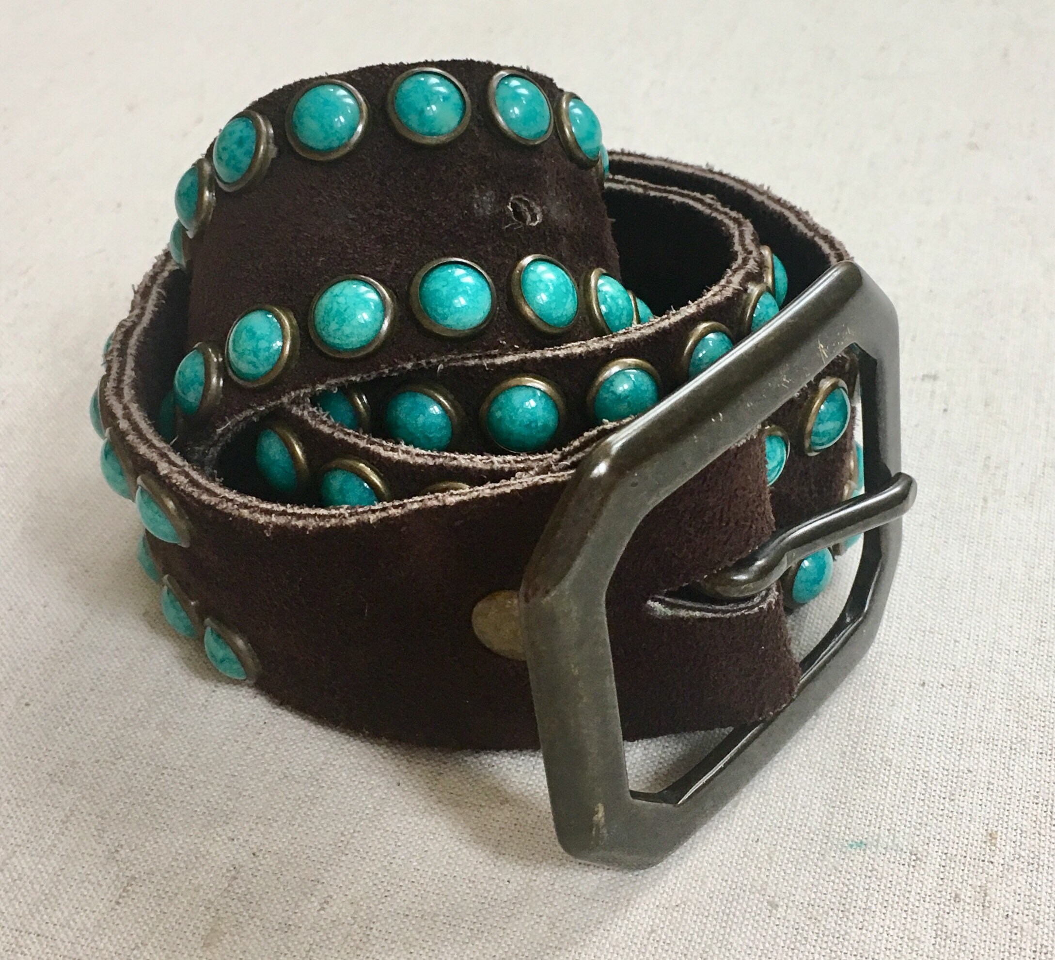 Turquoise Studded Suede Belt Vintage Faux Turquoise Studs Brown Suede ...