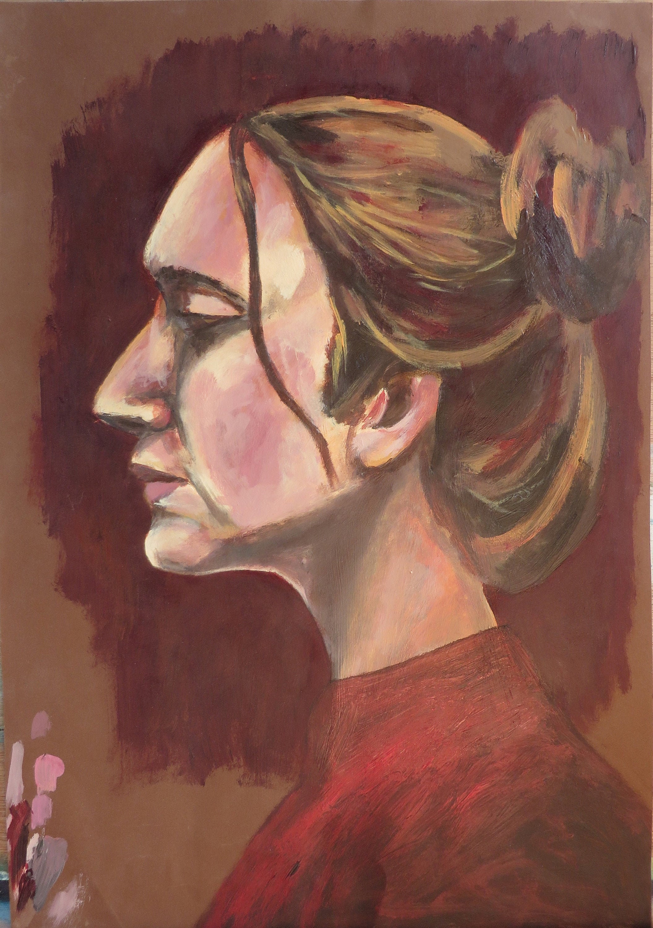 Original Acrylic Painting of a Woman, Side Profile, Brown Background ...