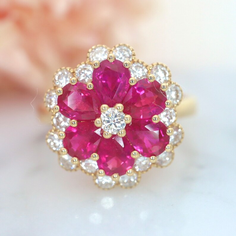 Made to Order. Ruby and Diamond Flower Ring. Victorian Ruby - Etsy