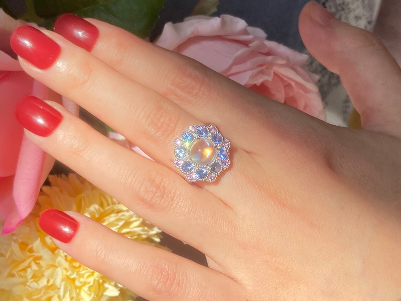 Rainbow Moonstone With Pink Sapphire Halo Ring Pink - Etsy