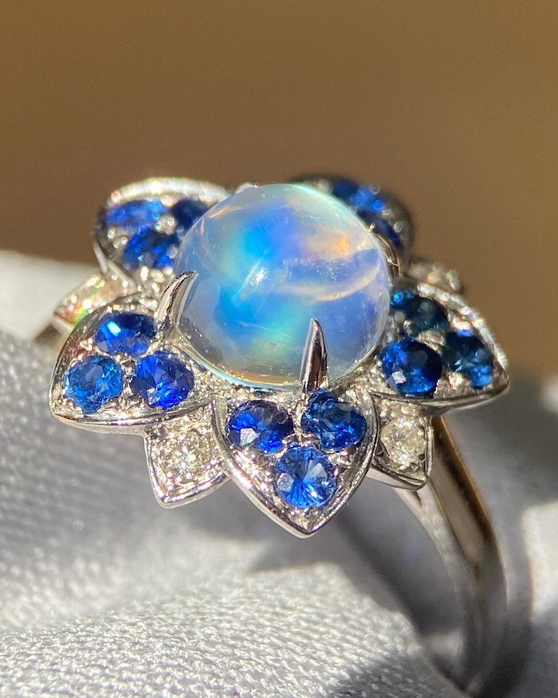 Blue Moonstone Ring With Blue Sapphires and Diamonds Blue - Etsy