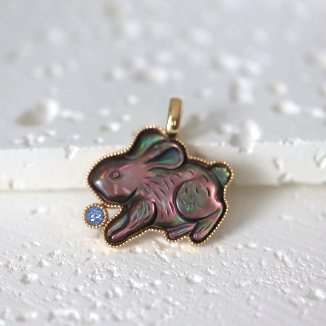 Solid Gold Rabbit Necklace Mother of Pearl Pendant Charm Solid 14K Gold ...