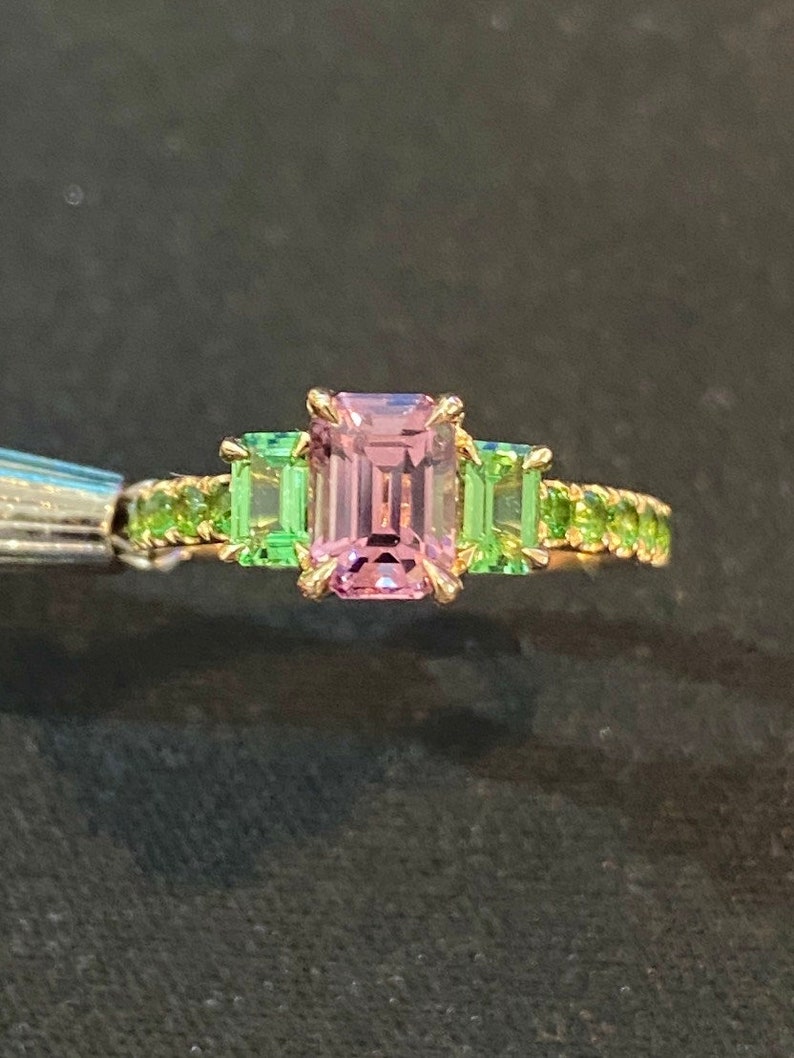 Pink Malaya Garnet and Green Tsavorite Garnet Three Stone Ring in Gold ...