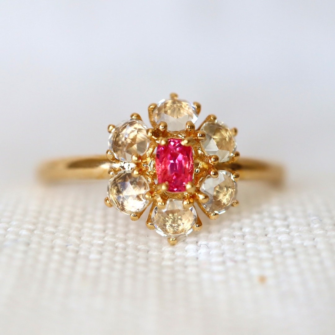 Neon Pink Spinel Halo Ring With Rose-cut Sapphire Pink and Yellow Gold ...