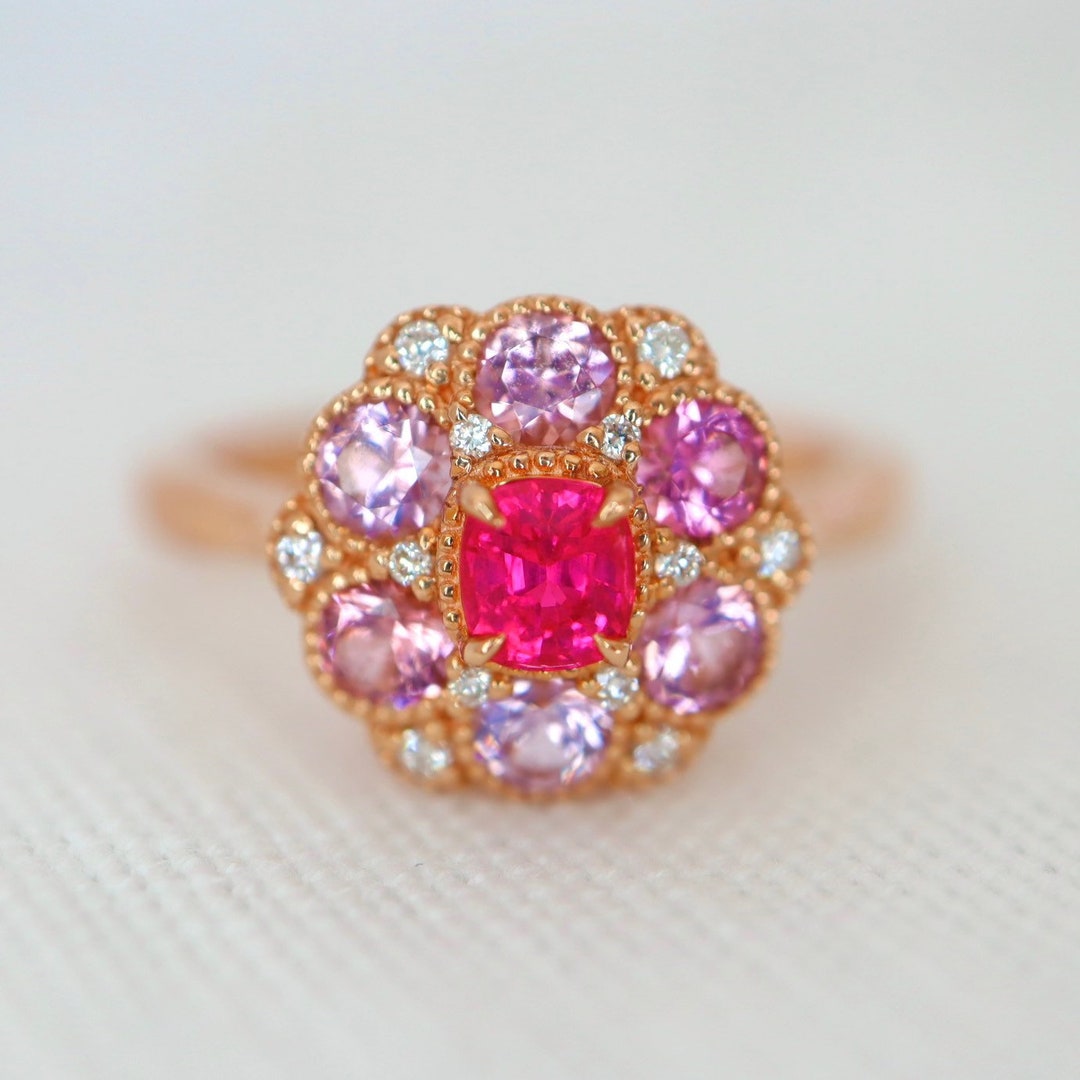Neon Pink Spinel Ring. Halo Ring With Pink Spinels and Diamonds. Jedi ...