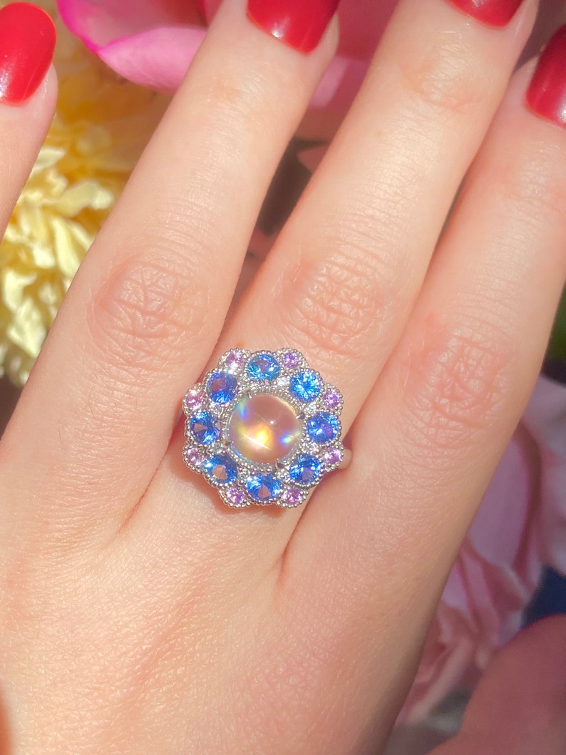 Rainbow Moonstone With Pink Sapphire Halo Ring Pink - Etsy