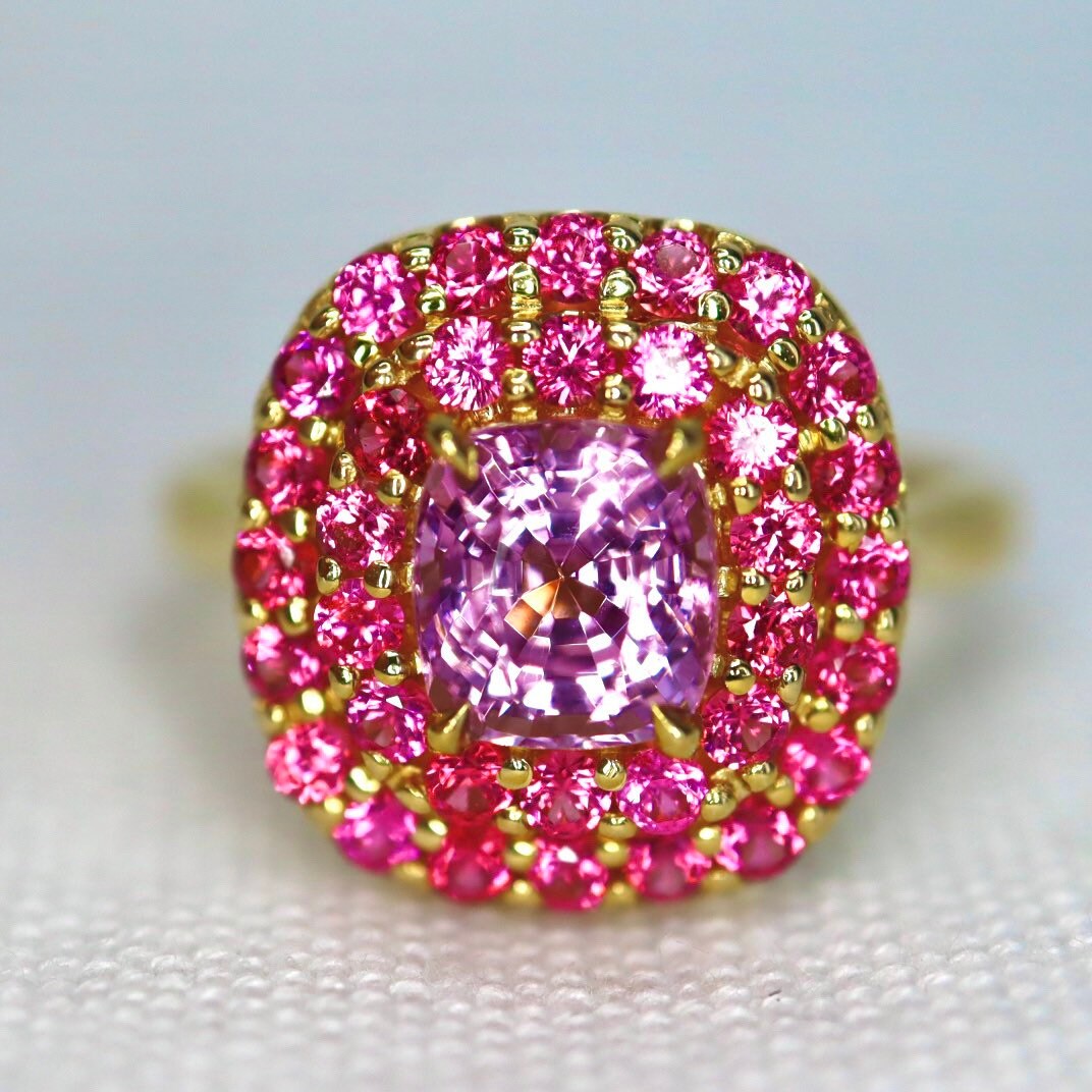 Purple Pink Spinel Ring. With Neon Pink Spinel Melees. Double Halo Ring ...
