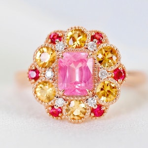 Vivid Pink Opalescent Spinel and Fanta Garnet Halo Ring Spinel Halo ...