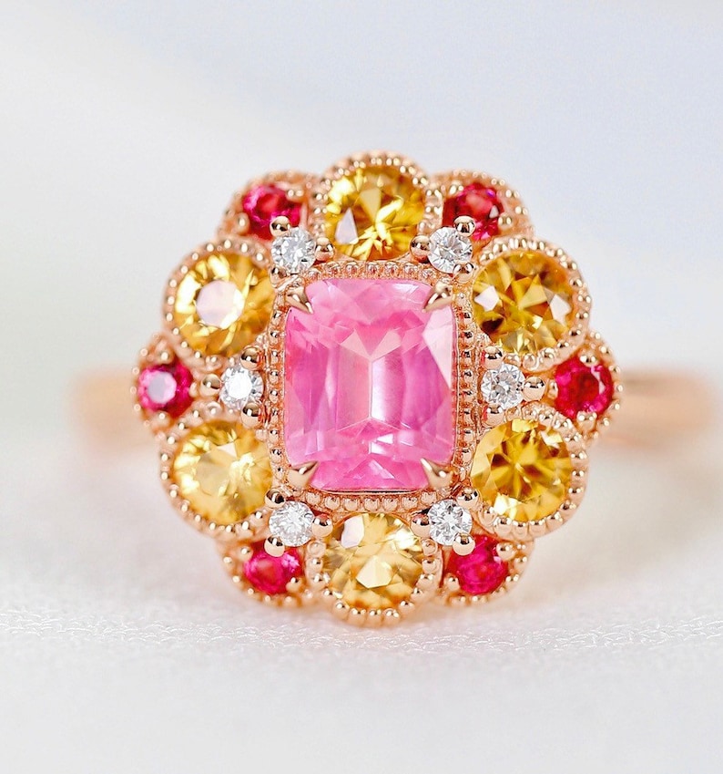 Vivid Pink Opalescent Spinel and Fanta Garnet Halo Ring - Etsy