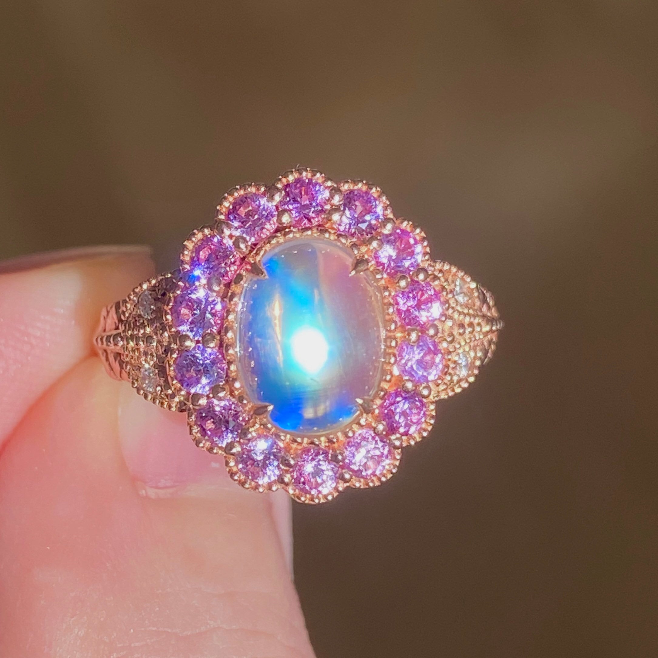 Moonstone Pink Sapphire Halo Ring Diamond Engagement Ring OOAK Custom ...
