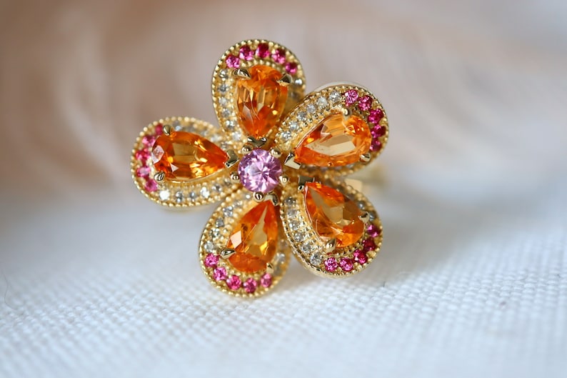 Neon Orange Fanta Garnet and Neon Pink Spinel Clover Diamond Ring ...
