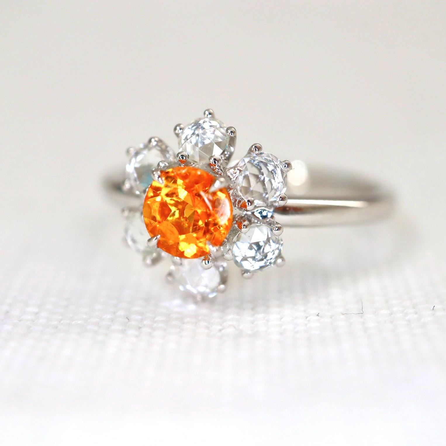 Neon Orange Fanta Spessartite Garnet Halo Ring With Natural Rose-cut ...