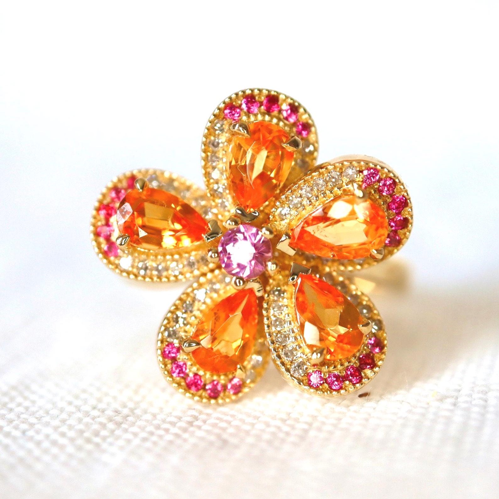 Neon Orange Fanta Garnet and Neon Pink Spinel Clover Diamond Ring ...