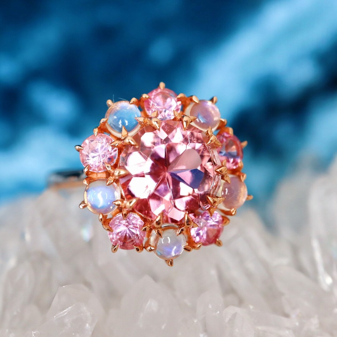 Pink Tourmaline Ring Pink Spinel Rainbow Moonstone Halo Ring Edwardian ...