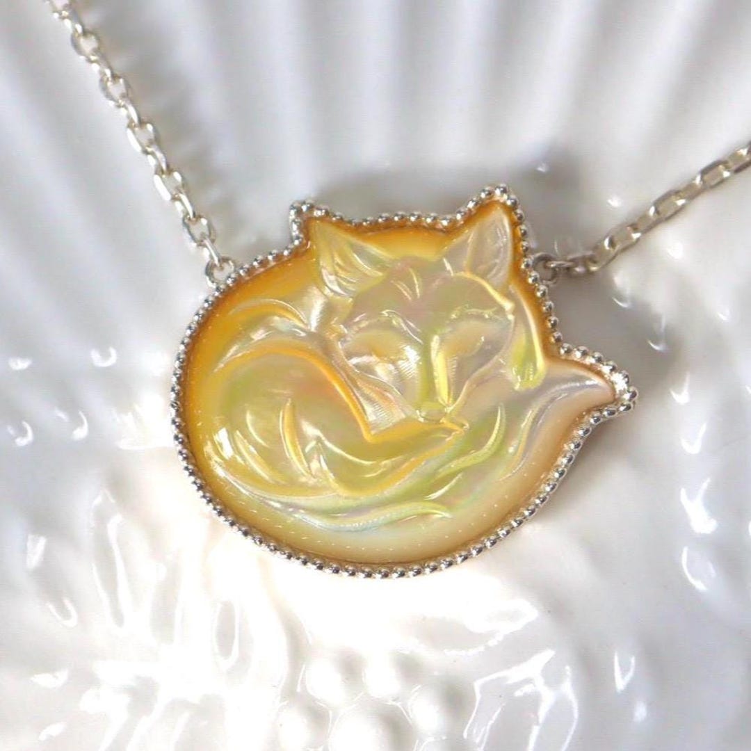 Mother of Pearl Gold Fox Necklace Bezel Set Sterling Silver Adorable ...