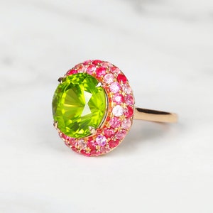 Green Peridot and Pink Spinel Halo Ring August Birthstone Precision Cut ...