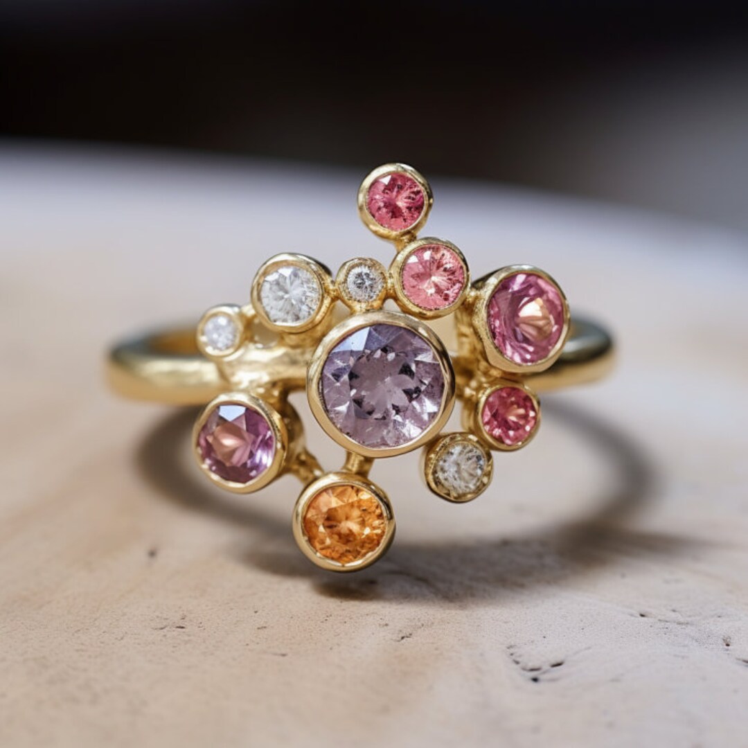 Minimal Dainty Starburst Ring With Orange Pink and Sunset and Sapphires ...