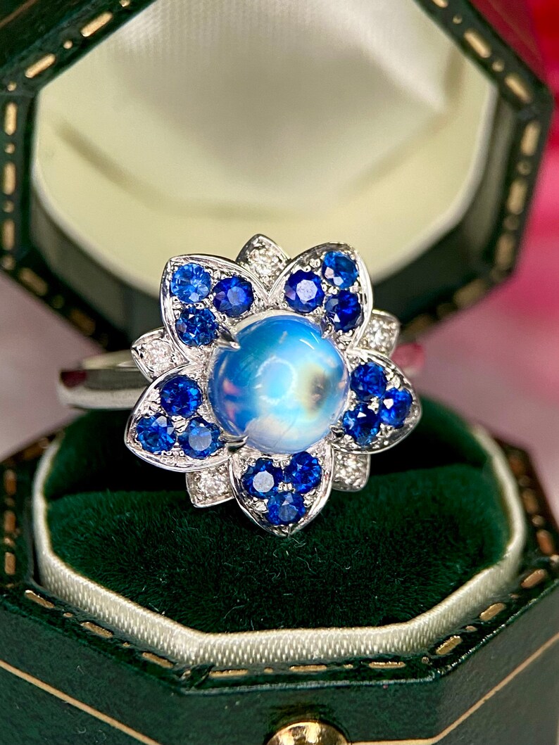 Blue Moonstone Ring With Blue Sapphires and Diamonds Blue Engagement ...