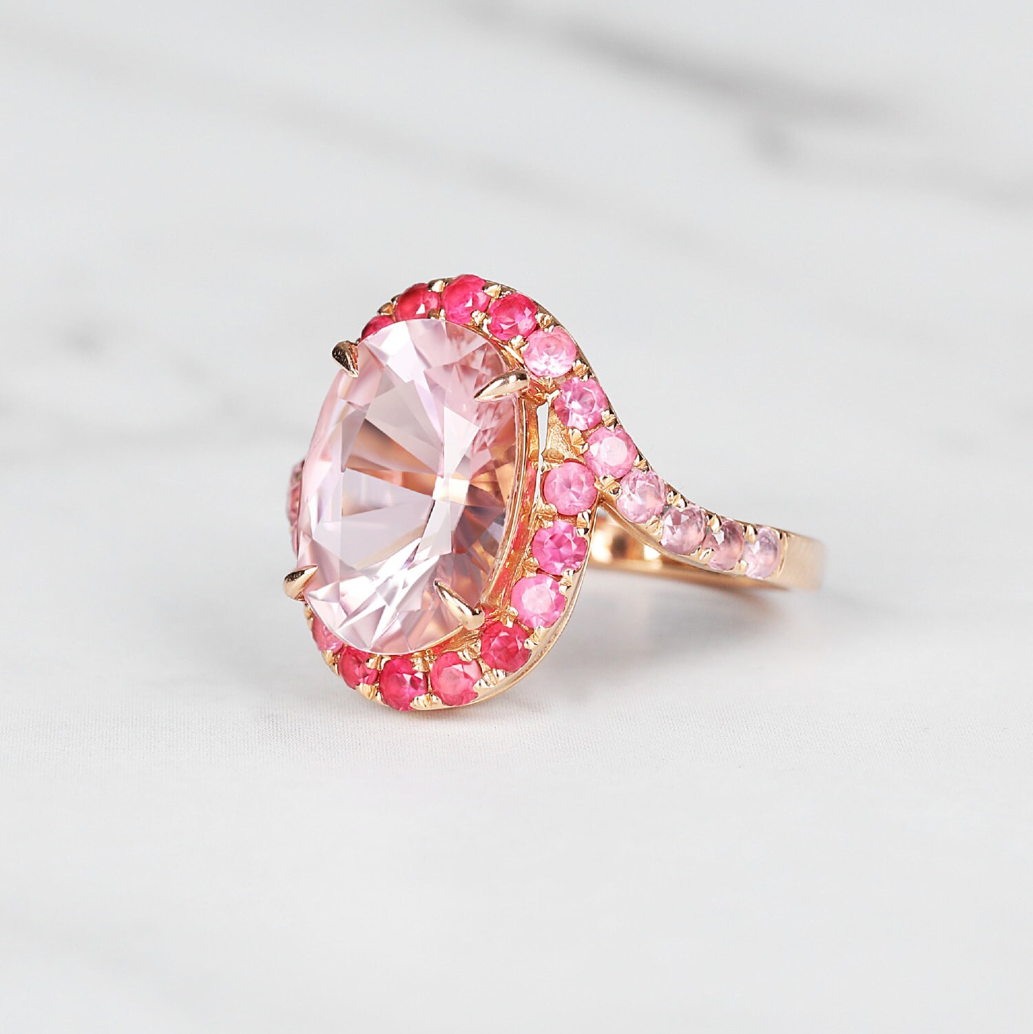 Pink Tourmaline Ring Hot Pink Spinels Halo Ring Diamonds Halo in Yellow ...