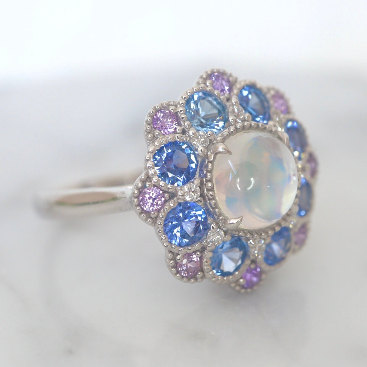 Rainbow Moonstone With Pink Sapphire Halo Ring Pink - Etsy