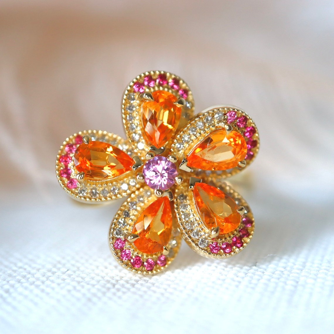 Neon Orange Fanta Garnet and Neon Pink Spinel Clover Diamond Ring ...