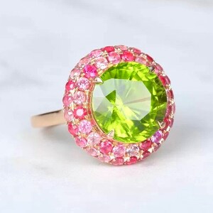 Green Peridot and Pink Spinel Halo Ring August Birthstone Precision Cut ...