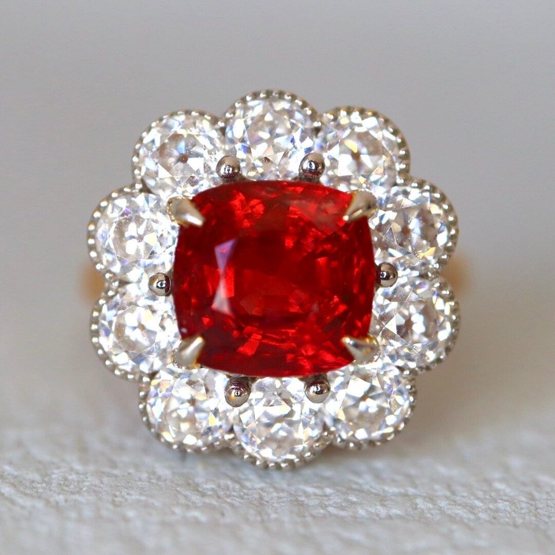 Neon Orange Spinel Old Mine Cut Diamond Halo Ring. Neon Orange Red ...