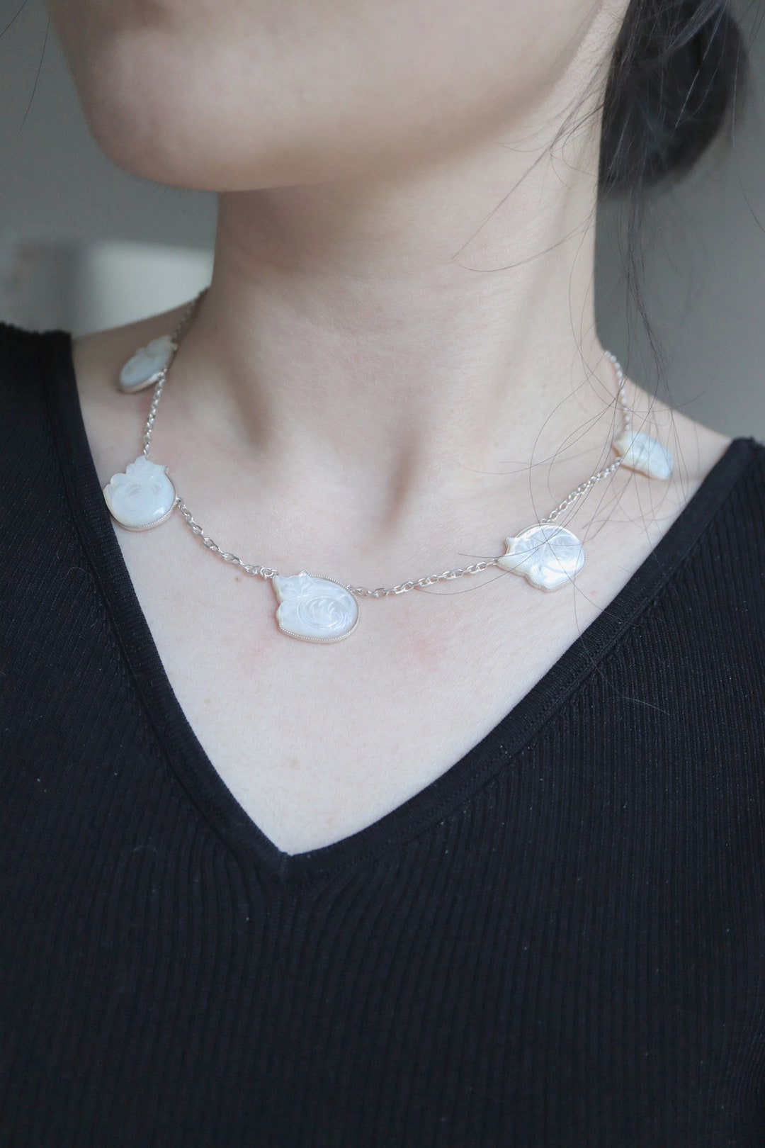 Mother of Pearl Sleeping Cat Necklace, Bezel Milgrain Set Sterling ...