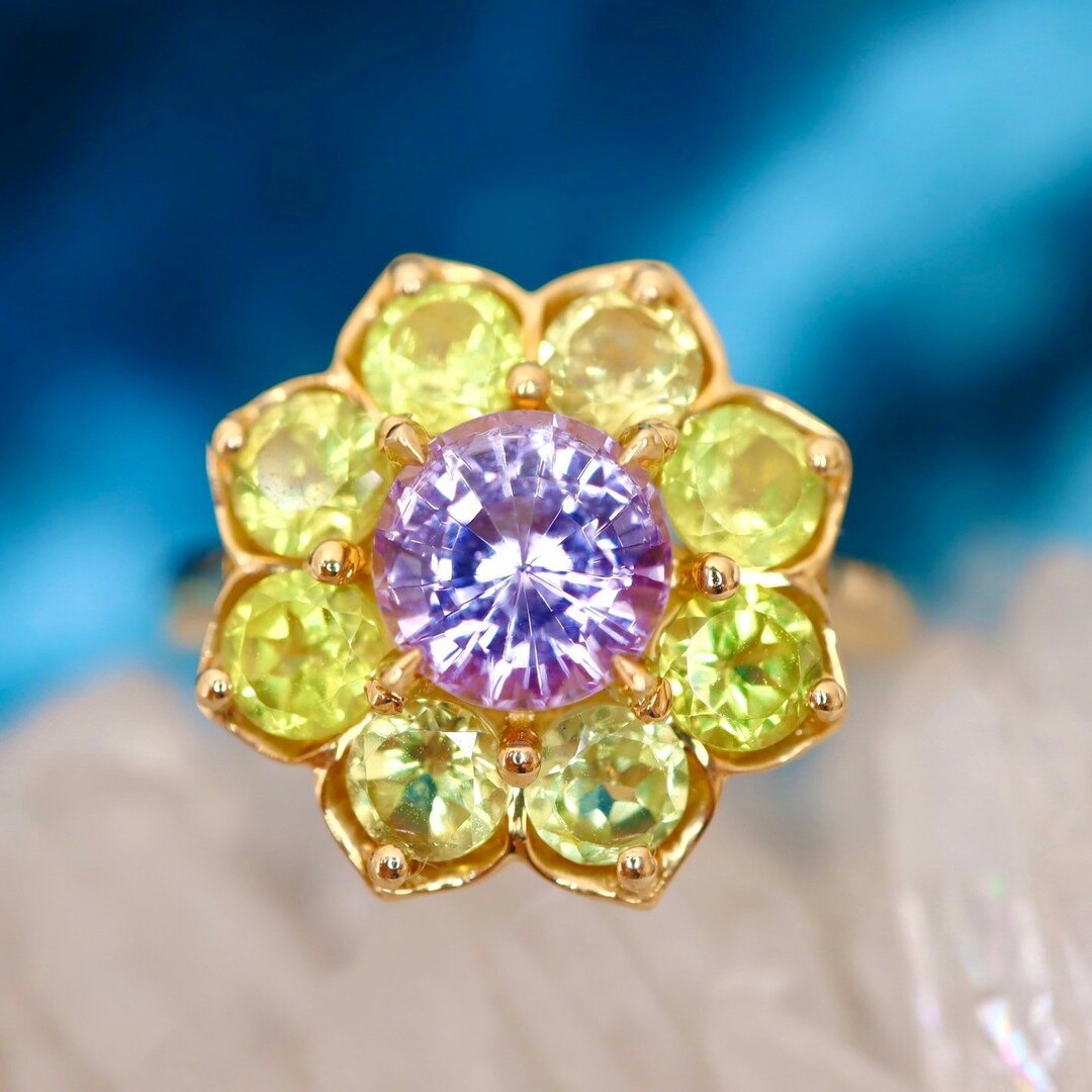 Purple Spinel Halo Ring With Neon Yellow Chrysoberyl 14K - Etsy