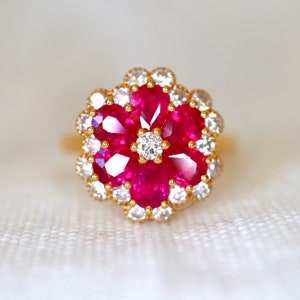Made to Order. Ruby and Diamond Flower Ring. Victorian Ruby Floral Ring ...