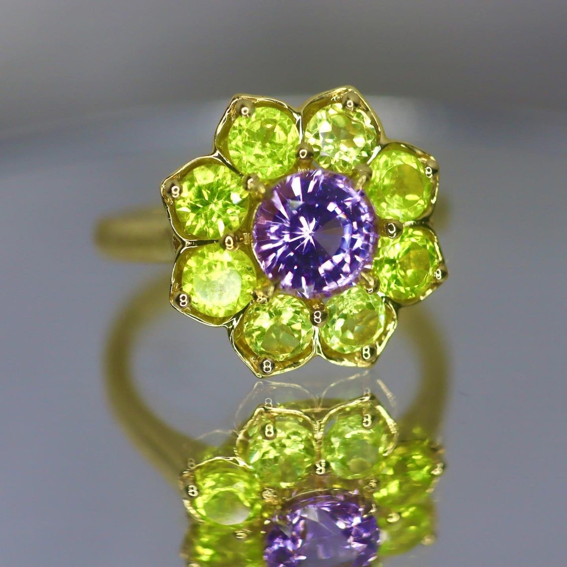 Purple Spinel Halo Ring With Neon Yellow Chrysoberyl 14K - Etsy