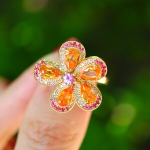 Neon Orange Fanta Garnet and Neon Pink Spinel Clover Diamond Ring ...