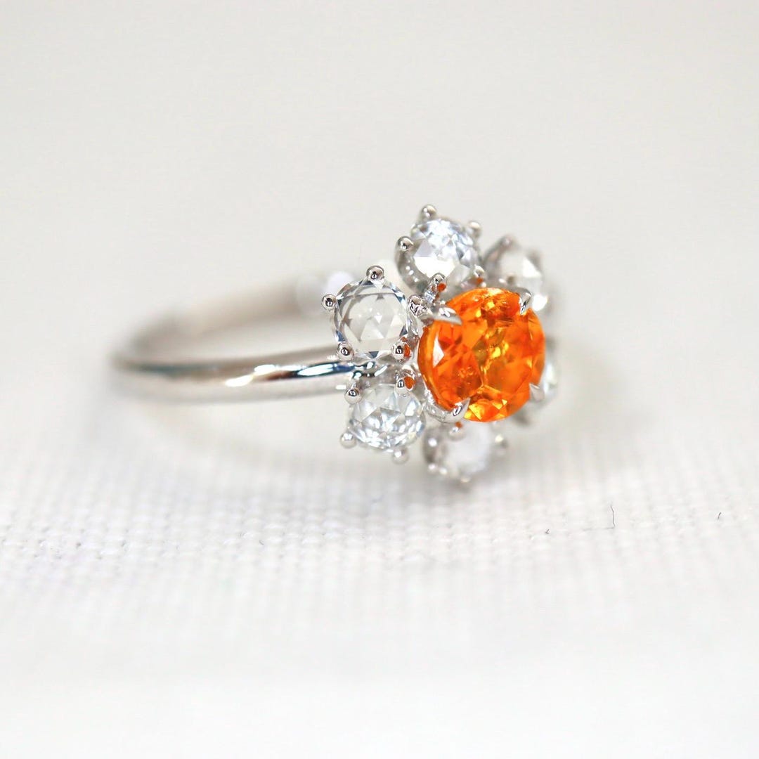 Neon Orange Fanta Spessartite Garnet Halo Ring With Natural Rose-cut ...