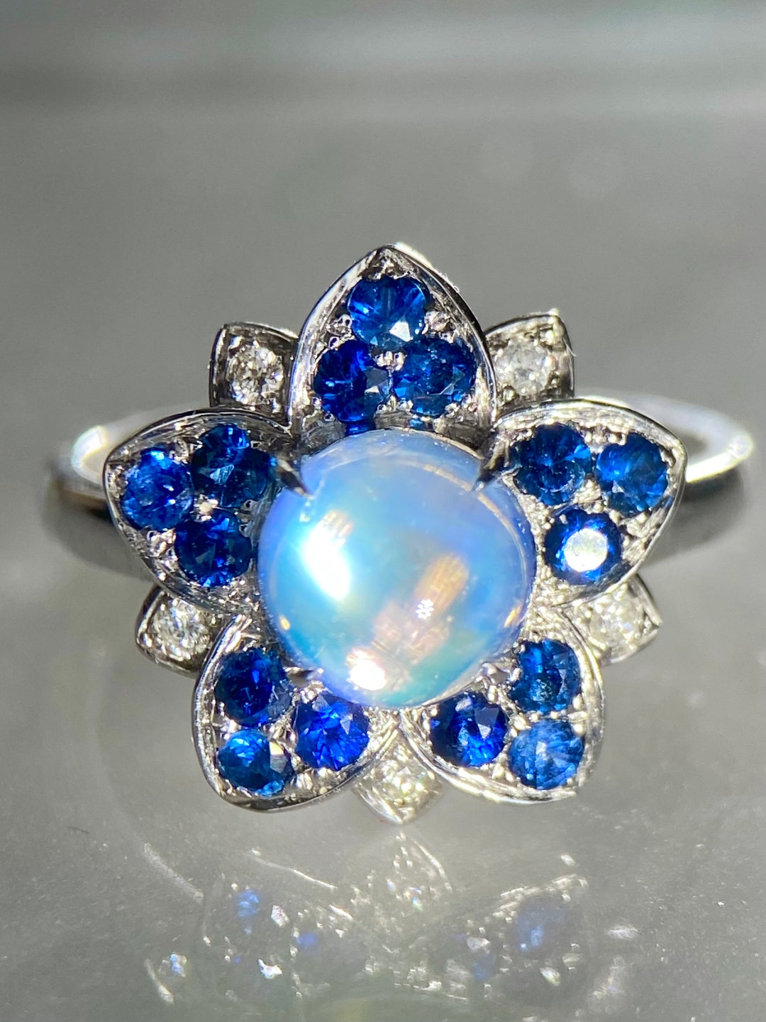 Blue Moonstone Ring With Blue Sapphires and Diamonds Blue Engagement ...