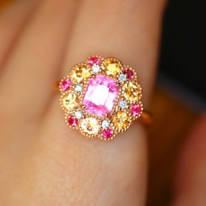 Vivid Pink Opalescent Spinel and Fanta Garnet Halo Ring Spinel Halo ...
