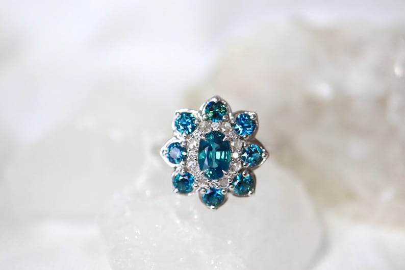 Teal Blue Sapphire 14K White Gold Diamonds Halo Ring Blue Sapphire ...
