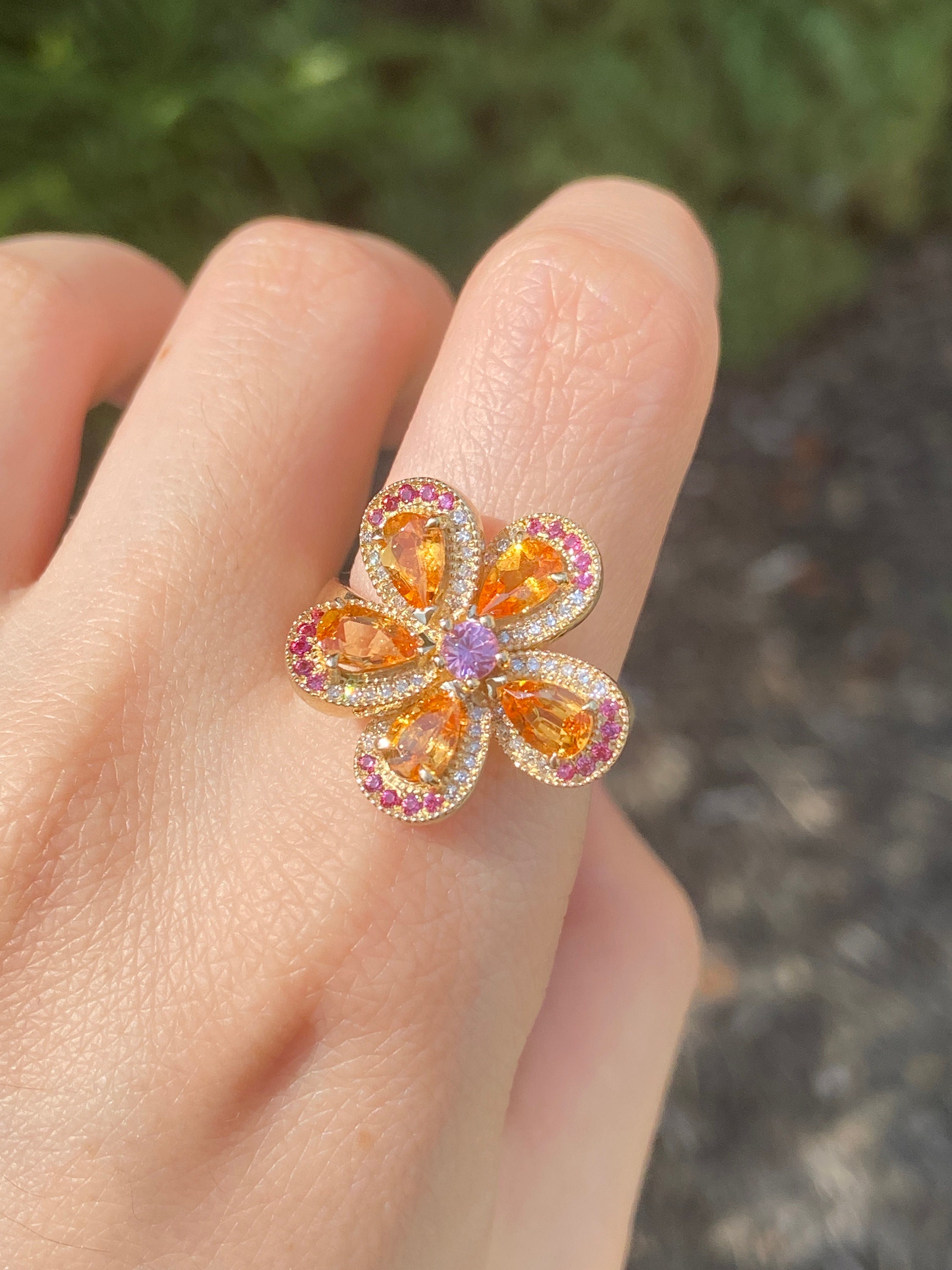 Neon Orange Fanta Garnet and Neon Pink Spinel Clover Diamond Ring ...