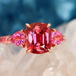 Red Pink Tourmaline Three Stone Ringpink Engagement Ring Pink Ring ...