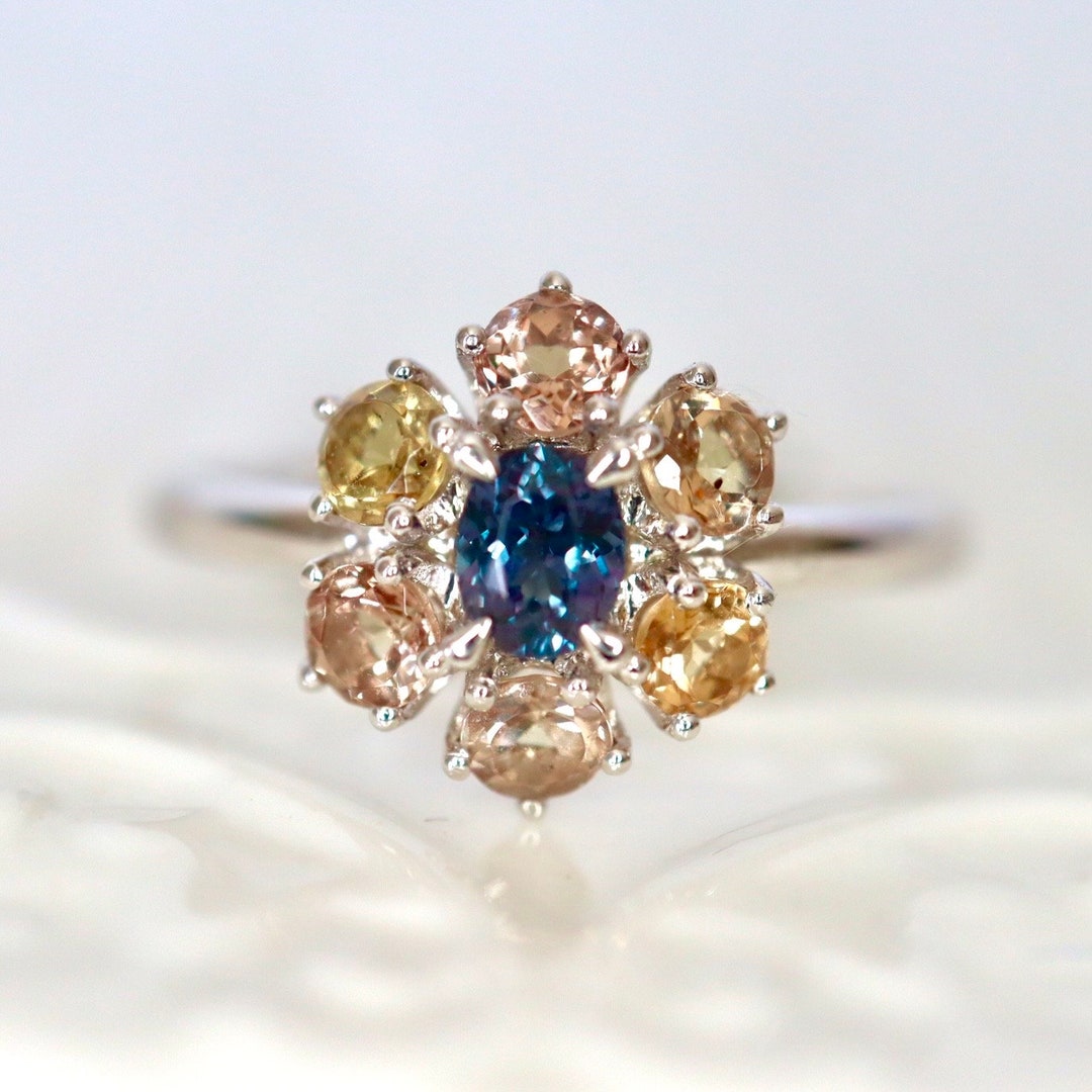 Color Change Garnet Halo Floral Ring Color Change From Green to Purple ...