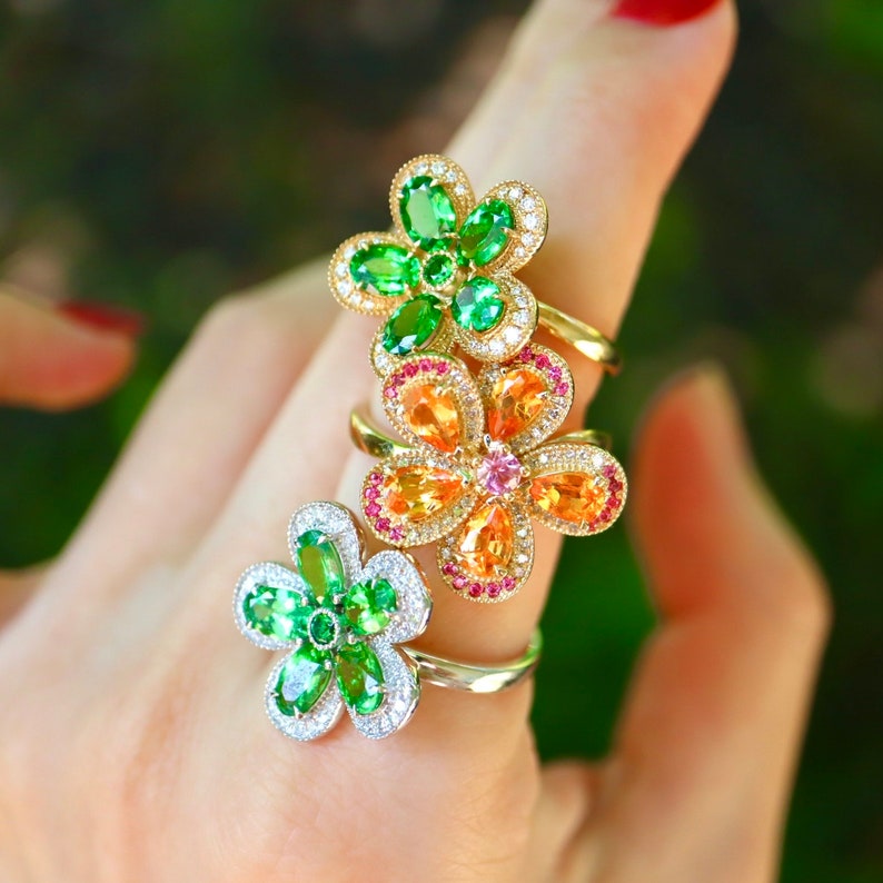 Neon Orange Fanta Garnet and Neon Pink Spinel Clover Diamond Ring ...
